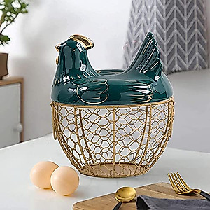 Egg Basket Metal Wire Fruit Basket with Chicken Shape Lid Ceramic Egg Holder, Holds 30 Eggs