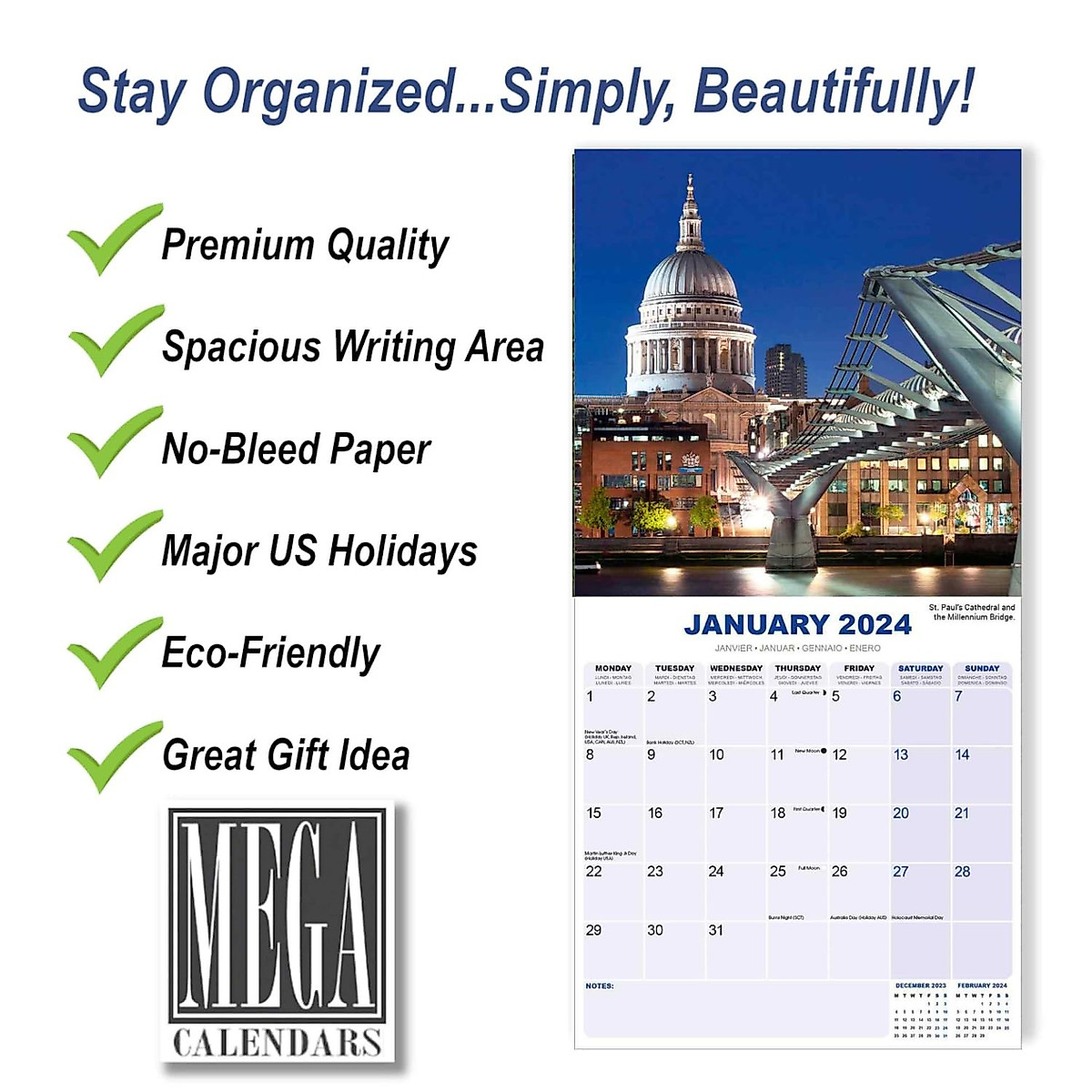 2023 2024 London Monthly Wall Calendar - Travel Calendar - 12 x 24 Open - Thick No-Bleed Paper - Giftable - Academic Teacher's Planner Calendar Organizing & Planning Calendar