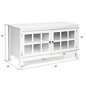White 50" TV Stand Unit Entertainment Media Console Cabinet 2 Glass Doors 4 Storage Shelves 5 Support Legs Home Office Living Room Bedroom Family Room Furniture Interior Décor Sturdy Durable