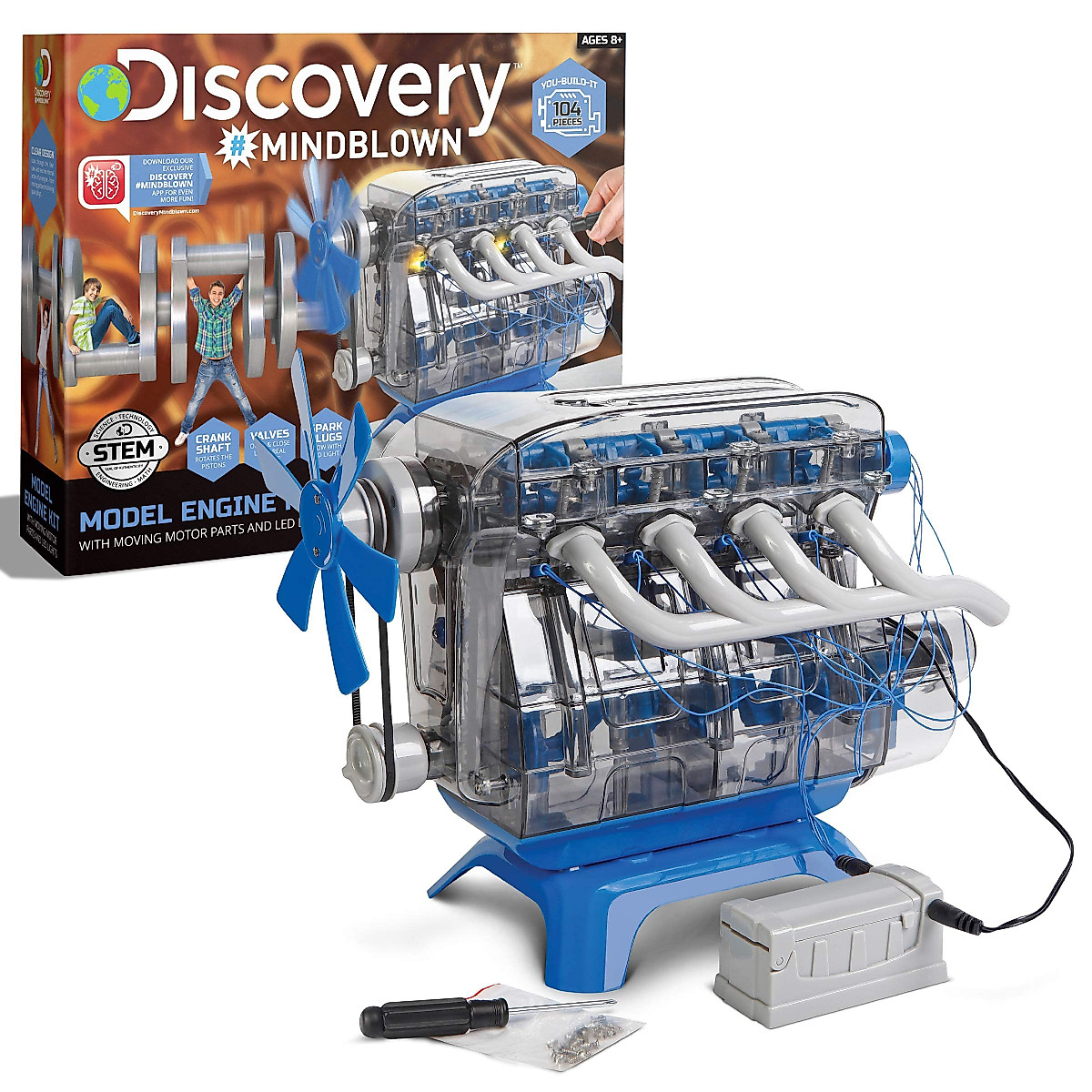 Discovery #MINDBLOWN Model Engine Building Kit, DIY 4-Cylinder Combustion Engine, Working Pistons Fan Valves Belts LED Lights, STEM Mechanic Engineering Construction Experiment Set, Kids & Adults Gift