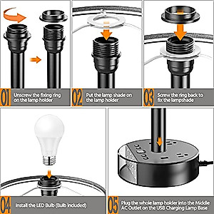 Gray Nightstand Light Lampshade 6ft Plug Extension Cord Dual USB Charging Port AC Outlet, Cylinder Desk Lamp Clock Charger Bedroom Home Dorm School Office Electric Adapter Socket Reading Work Study