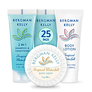 BERGMAN KELLY Round Soap Bars, 2in1 Shampoo & Conditioner, and Travel Size Lotion 3-Piece Set (Tropical Waterfall, 1 oz ea, 75 pc), Revitalizing & Refreshing Sanitary Toiletries Hotel Amenities