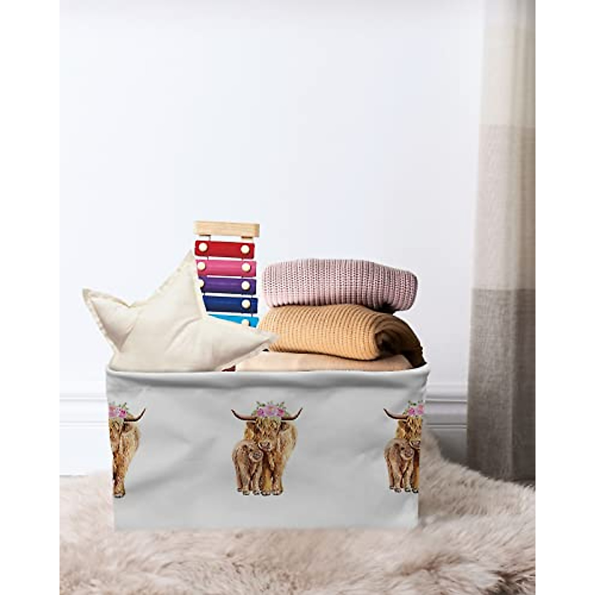 Storage Basket Highland Cattle Yak Cow with Flower Storage Bin with Handles, Animal Art on White Collapsible Organizer Storage Cubes Bins for Closet, Laundry Clothes, Bathroom, Nursery Toys