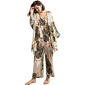 WDIRARA Women's 3 pcs Sleepwear Leaf Print Cami and Pants Pajama Set with Robe Multicolor M