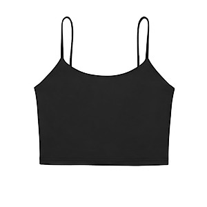 REORIA Women's Summer Sexy Sleeveless Adjustable Spaghetti Strap Cami Camisole Basic Fitted Seamless Yoga Cropped Tank Cute Crop Tops Black Medium