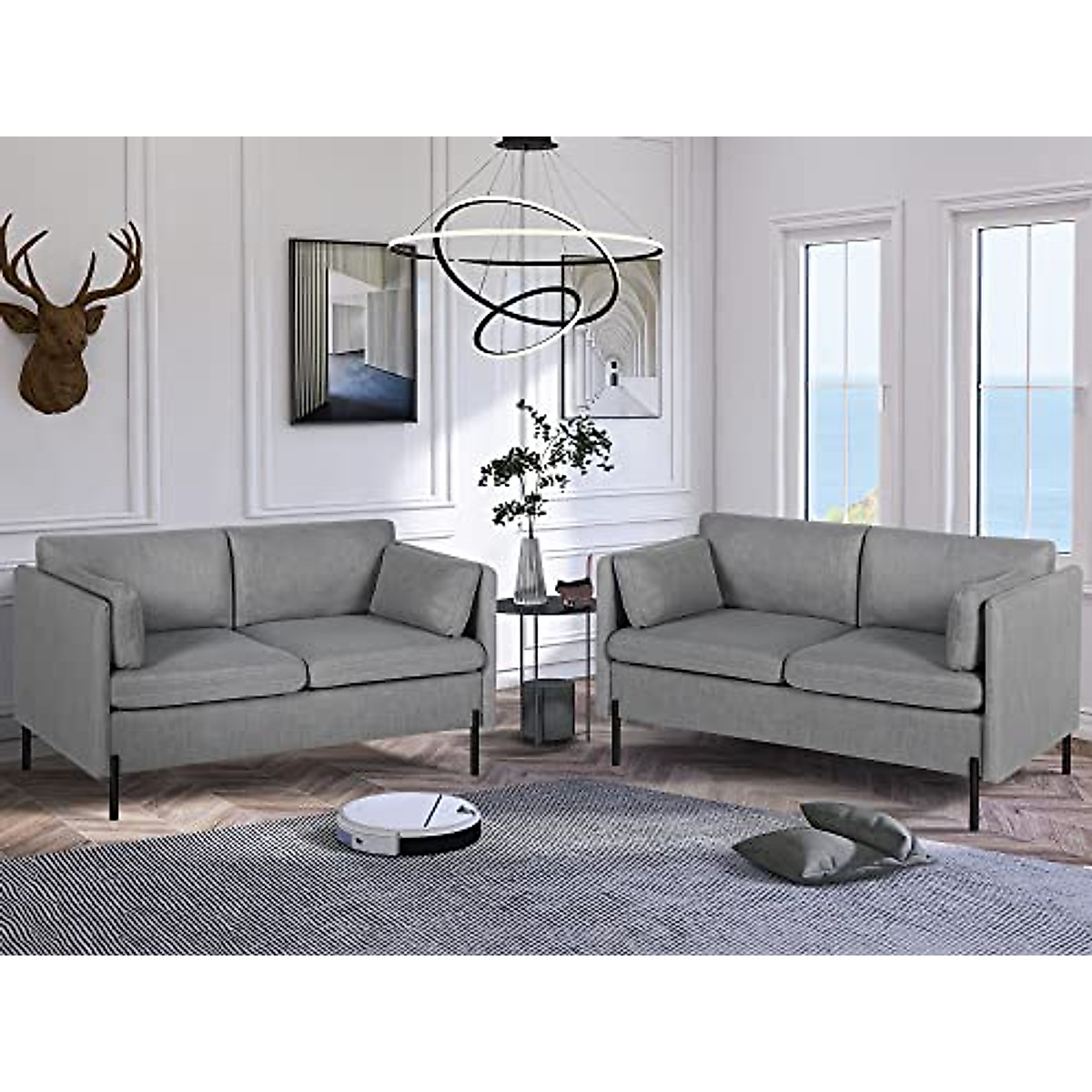 LINLUX 55''W Upholstered Modern Loveseat Sofa Couch for Living Room, Fabric Small Love Seat w/ 2 Pillows and Iron Legs, 2 Seat Small Couches for Small Spaces, Bedroom, Apartment, Office, Grey