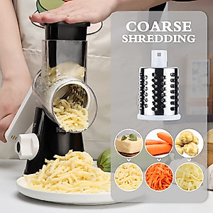 Ancevsk Rotary Cheese Grater with Handle, Manual Speed Round Cheese Shredder with Strong Suction Base, Easy to Use Potato Hashbrown Shredder with 3 Replaceable Stainless Steel Drum Blades (Black)