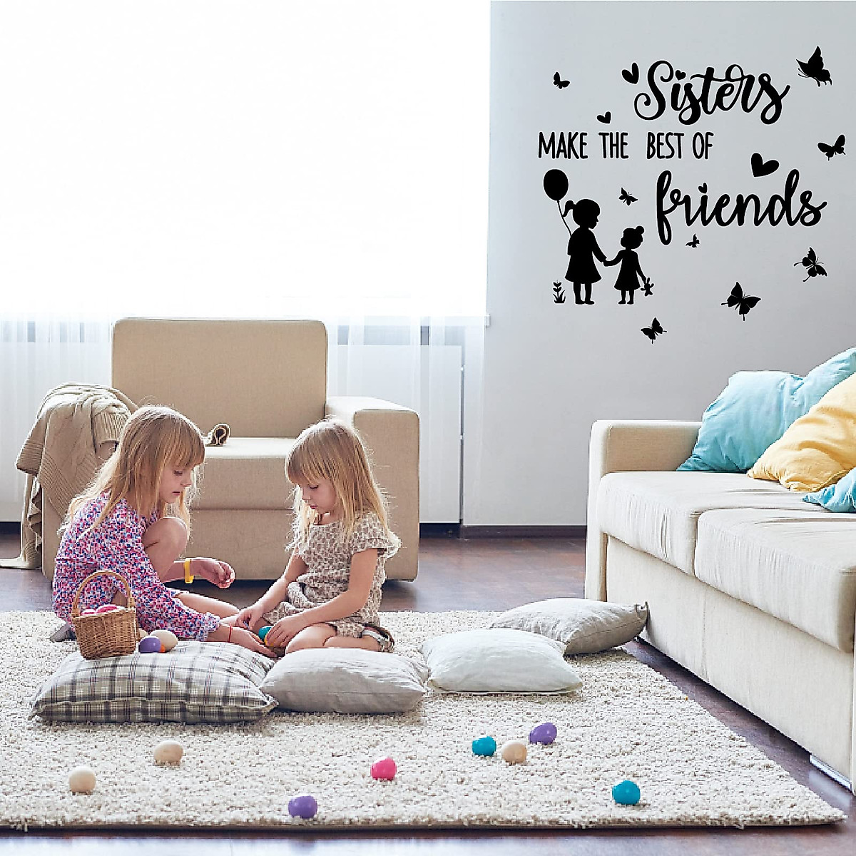 SUPERDANT Black and White Wall Decals Sisters Make The Best of Friends Wall Stickers with Butterfly Wall Decor Vinyl Wall Decoration for Nursery Girls Bedroom Living Room