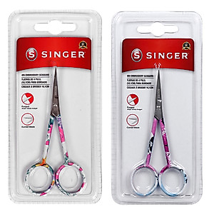 SINGER 4 Inch Forged Embroidery Scissors with Curved Tip for Sewing, Cross-Stitching, Crafts, & More (White Floral & Pastel Print, 2-Pack)