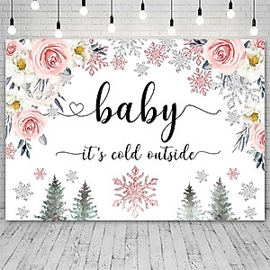 AIBIIN 7x5ft Baby It's Cold Outside Backdrop Christmas Winter Baby Shower Decorations for Girl Pink Flowers Silver Snowflakes Photography Background Banner Photo Props