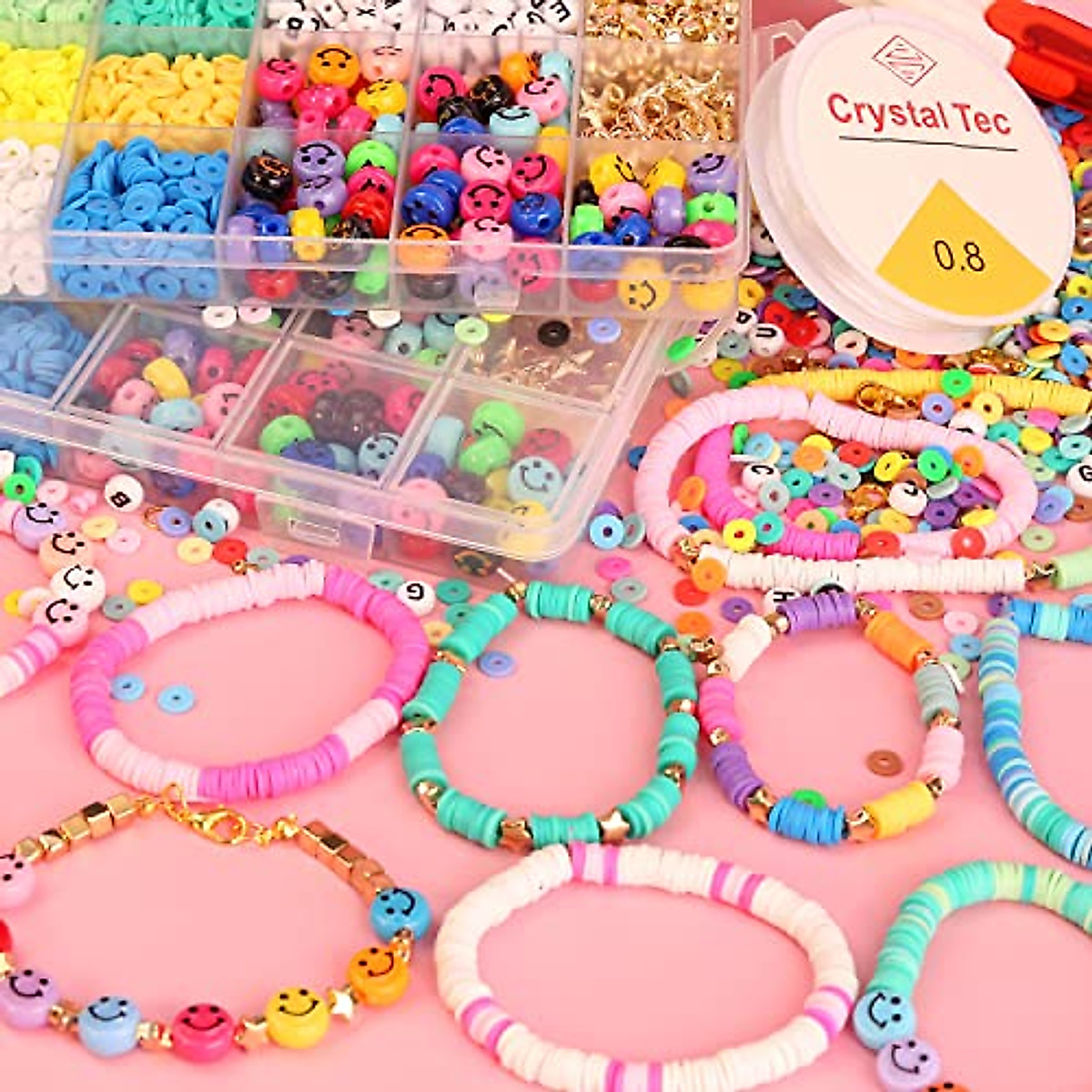UHIBROS 5800 Pcs Clay Beads for Bracelet Making Kit, Jewelry Making Kit for Girls 16 Color Polymer Heishi Beads Bracelets Making Kit Gifts for Girls with Smiley Face Letter Beads