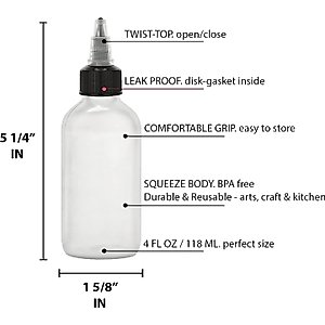 BRIGHTFROM Twist Top Applicator Bottles, Squeeze 4 OZ Empty Plastic Bottles, Refillable, Black Open/Close Nozzle - Multi Purpose (Pack of 2)