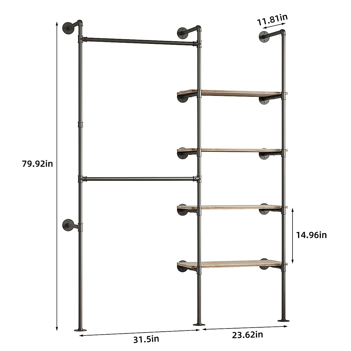 Woskar Industrial Pipe Clothing Rack, Hanging Rods Clothes Rack with Shelves, Clothes Rack for Wardrobe, Corner Closet System for Walk in Closets, Heavy Duty Hanging Clothes Rackk