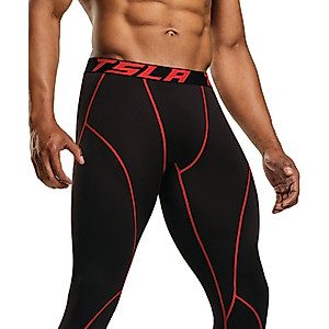 TSLA Men's Thermal Compression Pants, Athletic Sports Leggings & Running Tights, Wintergear Base Layer Bottoms, 2pack Tights Black&red/Woodland Slash Black, X-Large