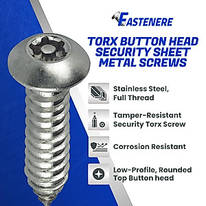 Fastenere Torx Security Sheet Metal Screws - #14 x 3/4" (10-Pack) Button Head, Tamper-Resistant, Anti Theft Stainless Steel Screws for Higher Level of Safety & Secure Fastening Solution