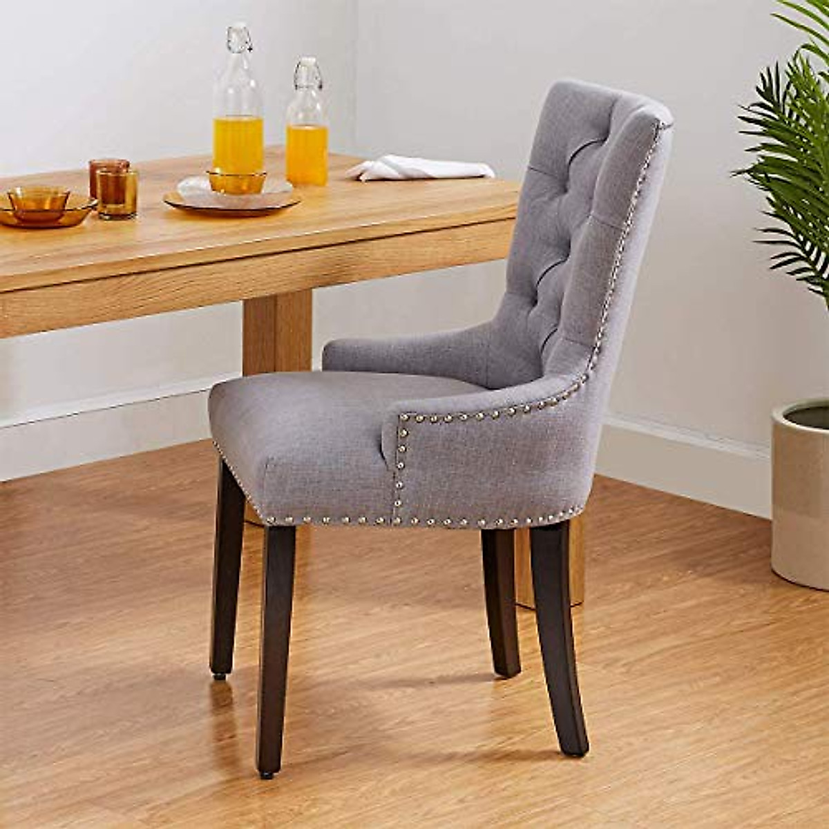 CangLong Modern Elegant Button-Tufted Upholstered Fabric With Nailhead Trim Dining Side Chair for Dining Room Accent Chair for Bedroom, Light Grey