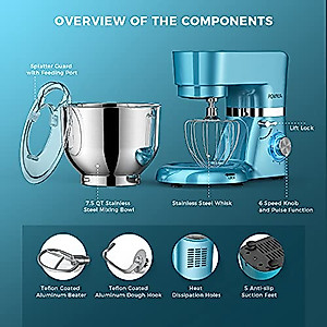Stand Mixer, POWWA 7.5 QT Electric Mixer, 6+P Speed 660W Household Tilt-Head Kitchen Food Mixers with Whisk, Dough Hook, Mixing Beater & Splash Guard for Baking, Cake, Cookie, Kneading, ETL Certified (Blue--NO Handle)