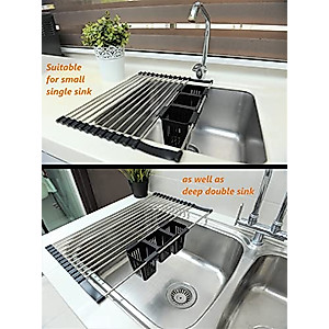 Cooktensil Roll Up Dish Drying Rack Stainless Steel Telescopic Over The Sink Drainer Extendable up to 22.8 inches (with Rectangle Basket)