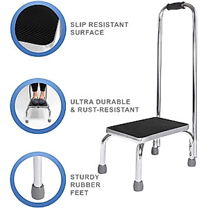 Vaunn Medical Foot Step Stool with Handle and Anti Skid Rubber Platform, Lightweight and Sturdy Stool for Children, Adults and Seniors, Chrome