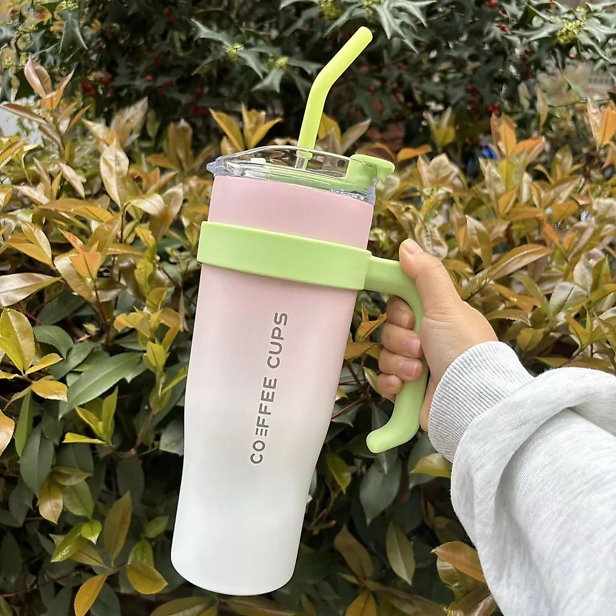 Taumy Large capacitly stainless steel drinking cup with handle and straw, Reusable, Easy to clean, Leak-proof andinsulated travel mug (Pink)