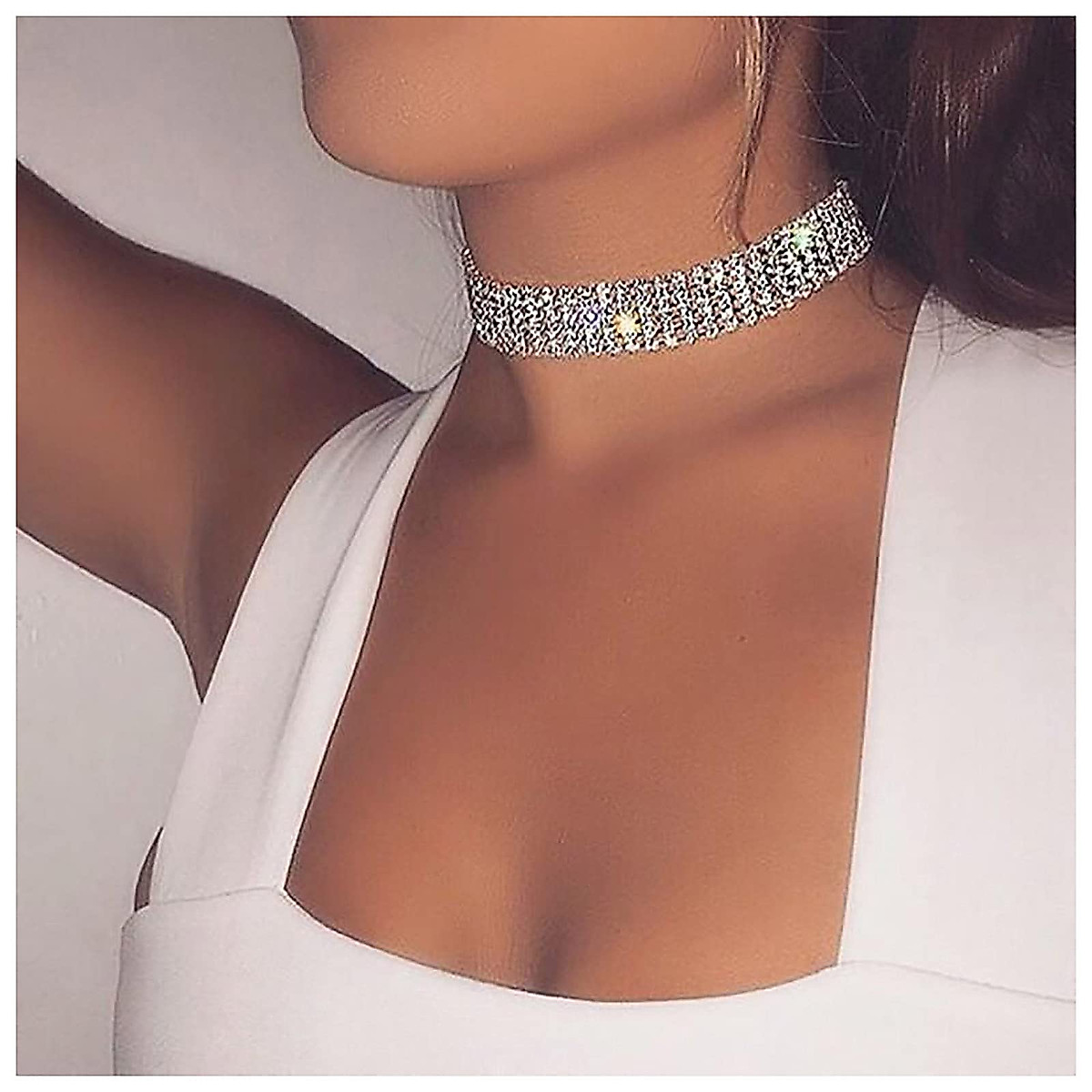 Faruodis Rhinestone Choker Necklace Wide Crystal Choker Necklace 5Row-8Row Diamond Collar Jewelry Silver Plated for Women (5 Row)