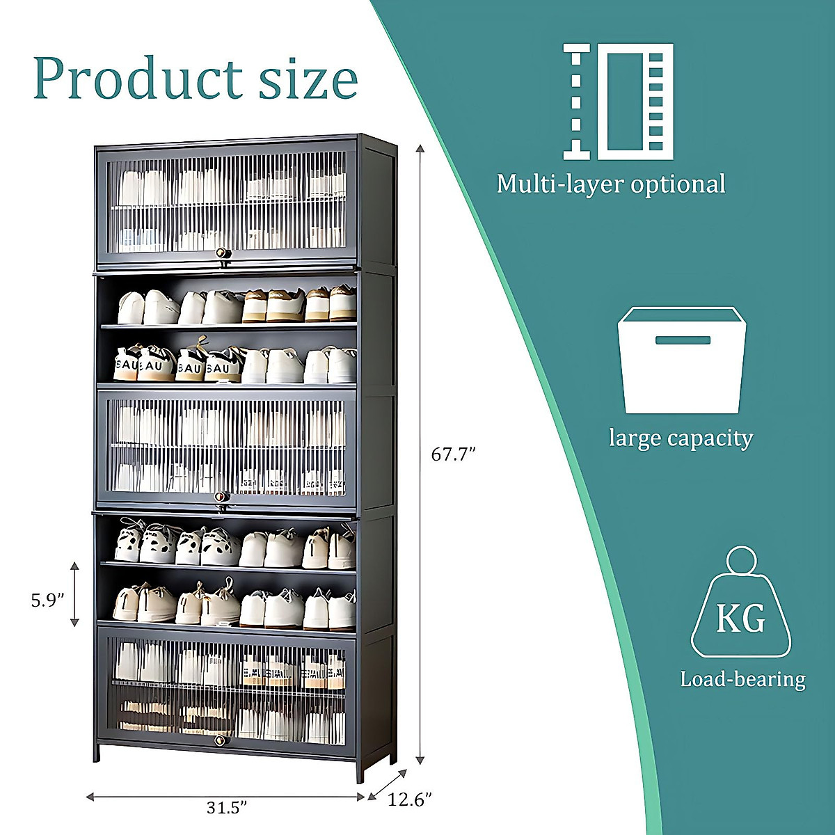 njawnn Shoe Cabinet with Doors, 10-Tier Tall Shoe Storage Cabinet with Adjustable Shelves, Wooden Shoes Rack Shoe Storage Organizer for Entryway, Hallway, Closet, Living Room