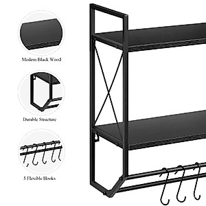 Bath Towel Shelf 2 Tier Towel Rack Wall Mount Towel Holder with Shelf Bathroom Shelves with Towel Bar and Hooks Industrial Wall Shelf Over Toilet for Towel Tissue Storage Organizer, Modern Black