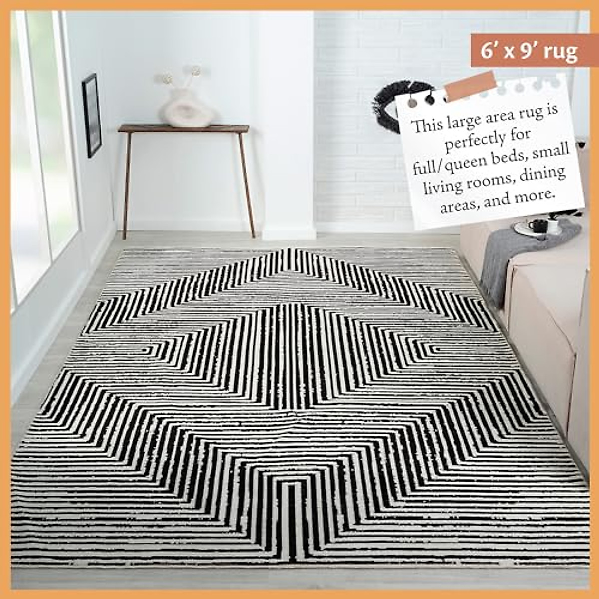 Indigo Ink - Washable Area Rug, Stain Resistant, Easy to Clean, Black/White Geometric Boho Decor, Dorm Room Essentials, for Living Room, Bedroom, Office (6' x 9', Panther Collection)