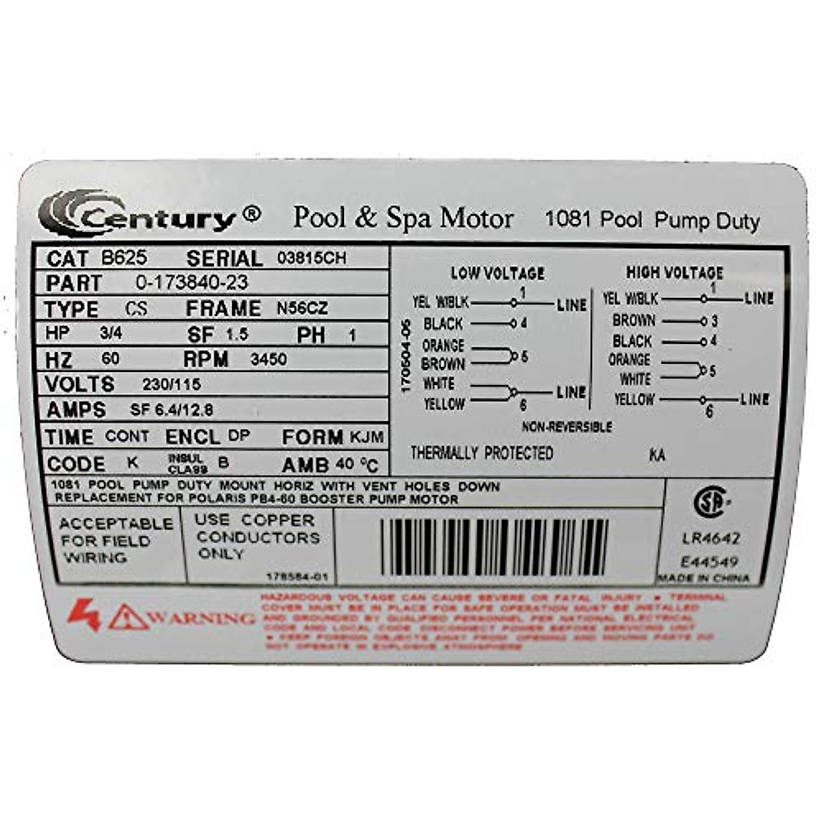 A.O. Smith Century B625 3/4HP 3450RPM 115/230V Polaris PB460 Booster Pump Motor