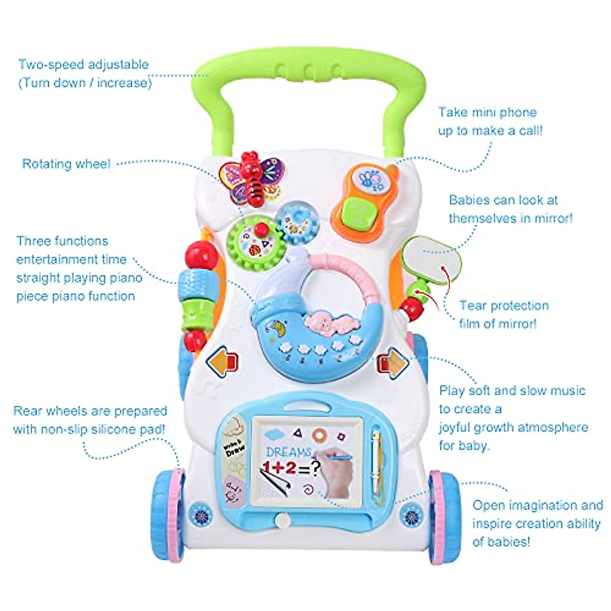 2 in 1 Sit to Stand Baby Walker with Music and Light, Toddler Push Toys for Learning to Walk, with Removable Drawing Board, Music Piano, Mini Phone for 6 Months Up Baby Boys Girls