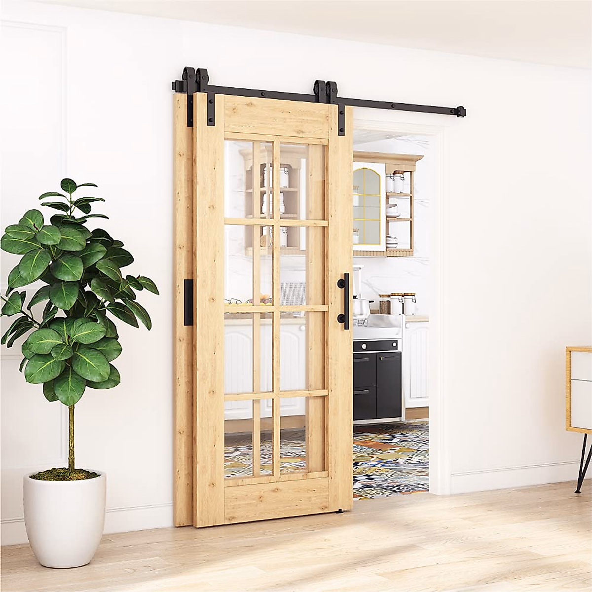 ZEKOO 12FT Single Track Bypass Sliding Barn Door Hardware Kit for Double Doors, Barn Door Bypass Hardware Kit, Flat Track Roller, Low Ceiling (J Shape Hanger)