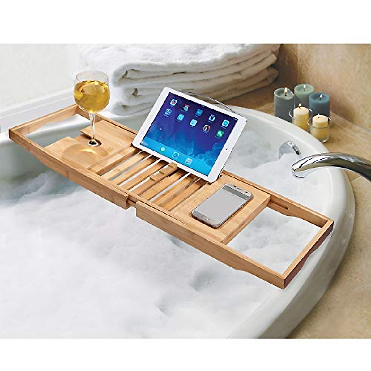 InterDesign Formbu Bathtub Caddy with Reading Tray, Wine, Tablet and Phone Holder - Natural