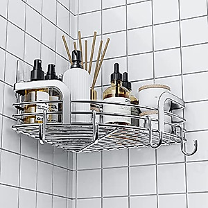 3 Pack Corner Shower Caddy: Adhesive Stainless Steel No-drilling Bathroom Organizer for 90° Corners- Installed in Minutes, Heavy Duty Shower Shelves for Storage- 6 Metal Hooks with Caps, 8 Adhesives