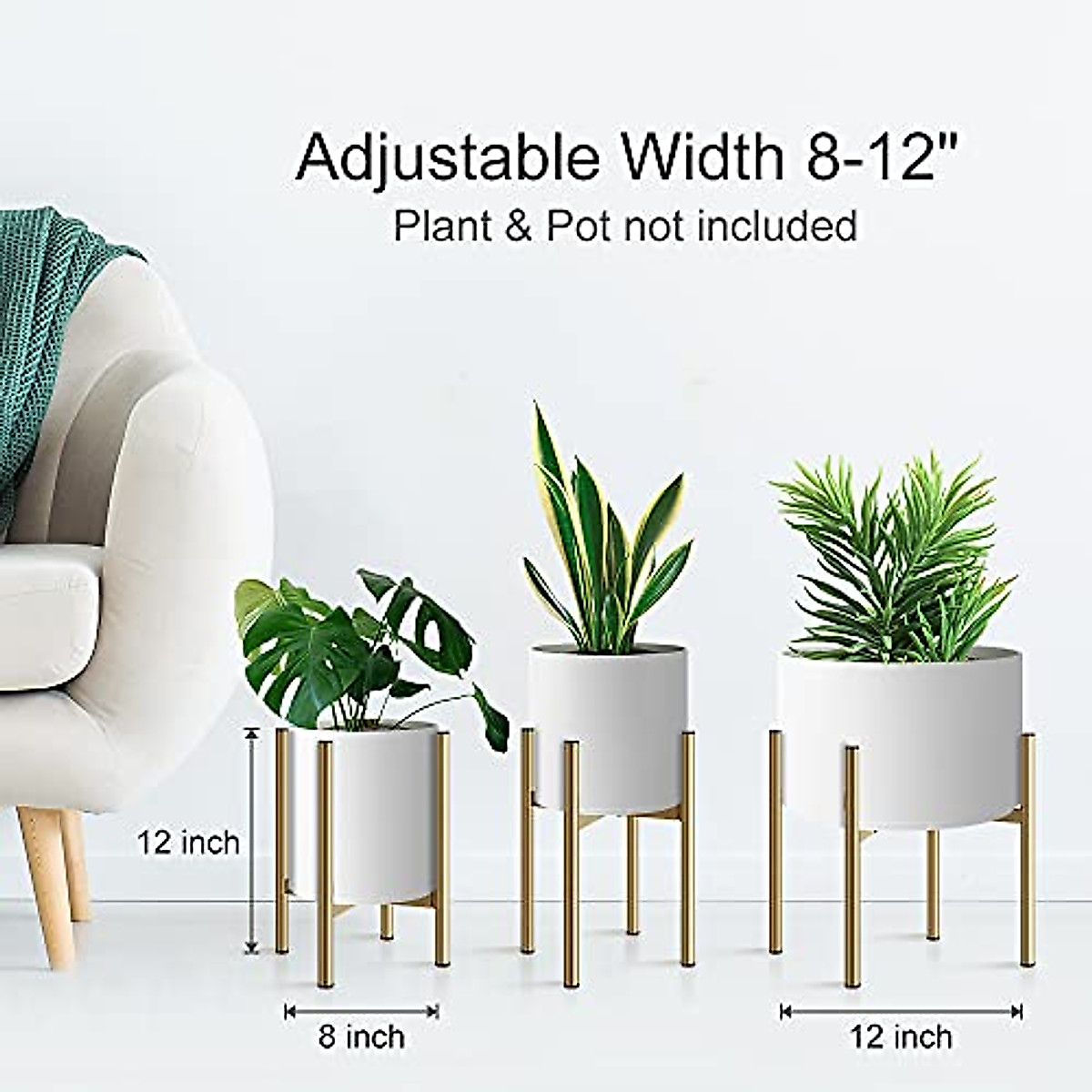 Plant Stand, Metal Plant Stands for Indoor Plants Adjustable for 8 9 10 11 12 inches Pot, Planter Stand Mid Century Stable Stylish Corner Plant Stand for Outdoor, Gold 1Pack, Pot not Included