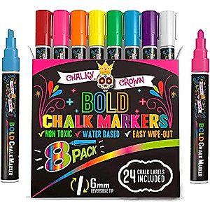 Bold Chalk Markers - Dry Erase Marker Pens - Chalk Markers for Chalkboards, Signs, Windows, Blackboard, Glass - Reversible Tip (8 Pack) - (Multicolored, 6mm)