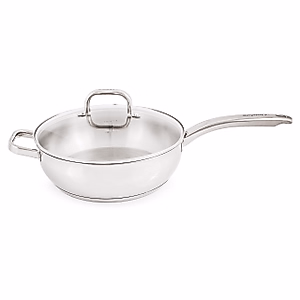 Berghoff Belly Shape 18/10 Stainless Steel 9.5 Inches Deep Skillet 3.2qt., Glass Lid, Fast, Evenly Heat, Induction Cooktop Ready