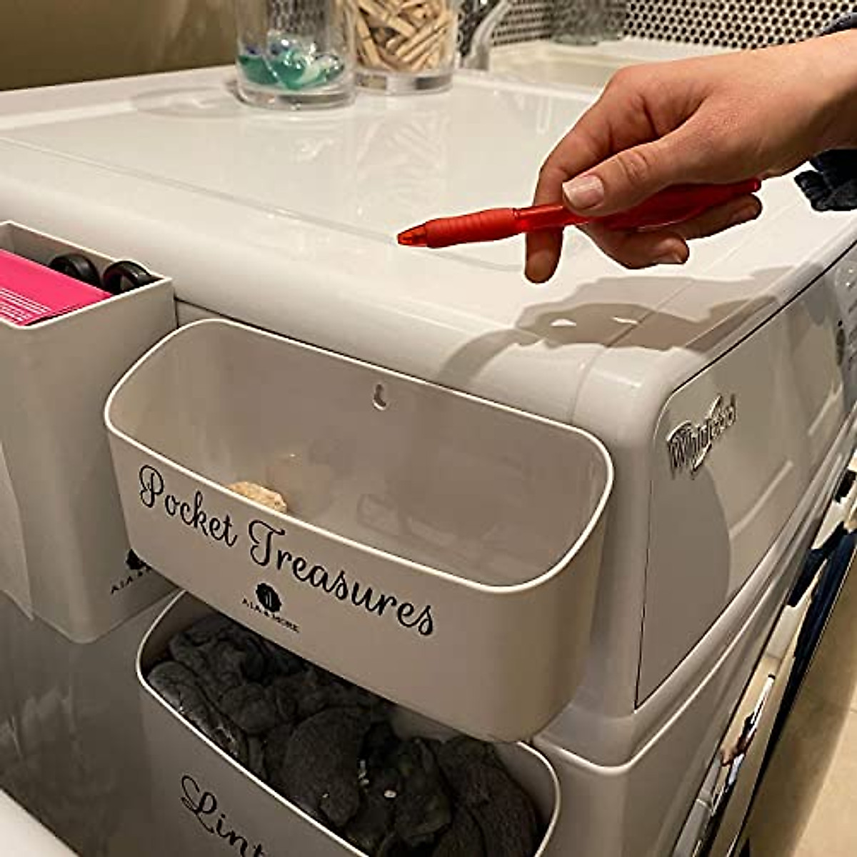 Lint Holder Bin with Magnetic Strip and Pocket Treasures Bin Magnetic Coin Holder (2 Piece Set) for Laundry Room Organization or Laundry Room Décor by A.J.A. & MORE (Light Grey)