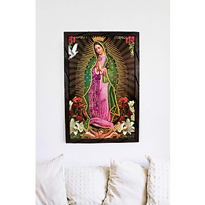 Mrcjsales- Our Lady of Guadalupe image with dove an flowers in rustic frame, Oil painting, 24''x36'', 13''x18'', 10''x12'' inches, religious art image, Virgen de Guadalupe con paloma y flores, Cuadro rustico , Home decor, wall decor, church events, gifts