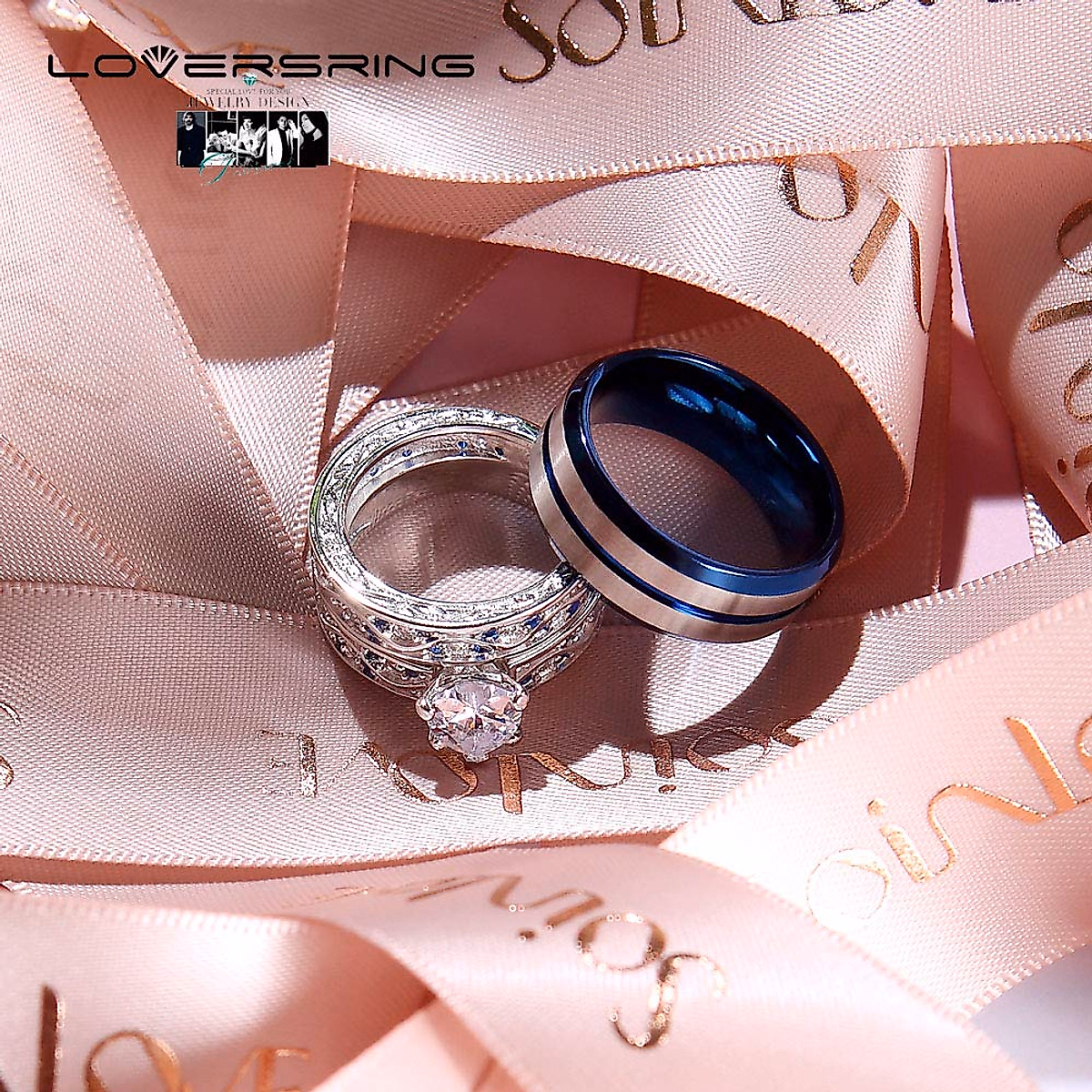 LOVERSRING Two Rings Wedding Ring Sets His and Hers Promise Ring Couples Bridal Sets Women 925 Sterling Silver Heart Cz Man Brushed Finished Tungsten Carbide Wedding Bands