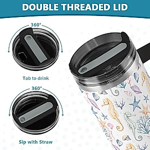 SDMKA 30oz Stainless Steel Tumbler with Straw and Handle, Vacuum Insulated Double-Walled Travel Mug, BPA-Free Leakproof Cup for Hot/Cold Beverages, Watercolor Seahorses