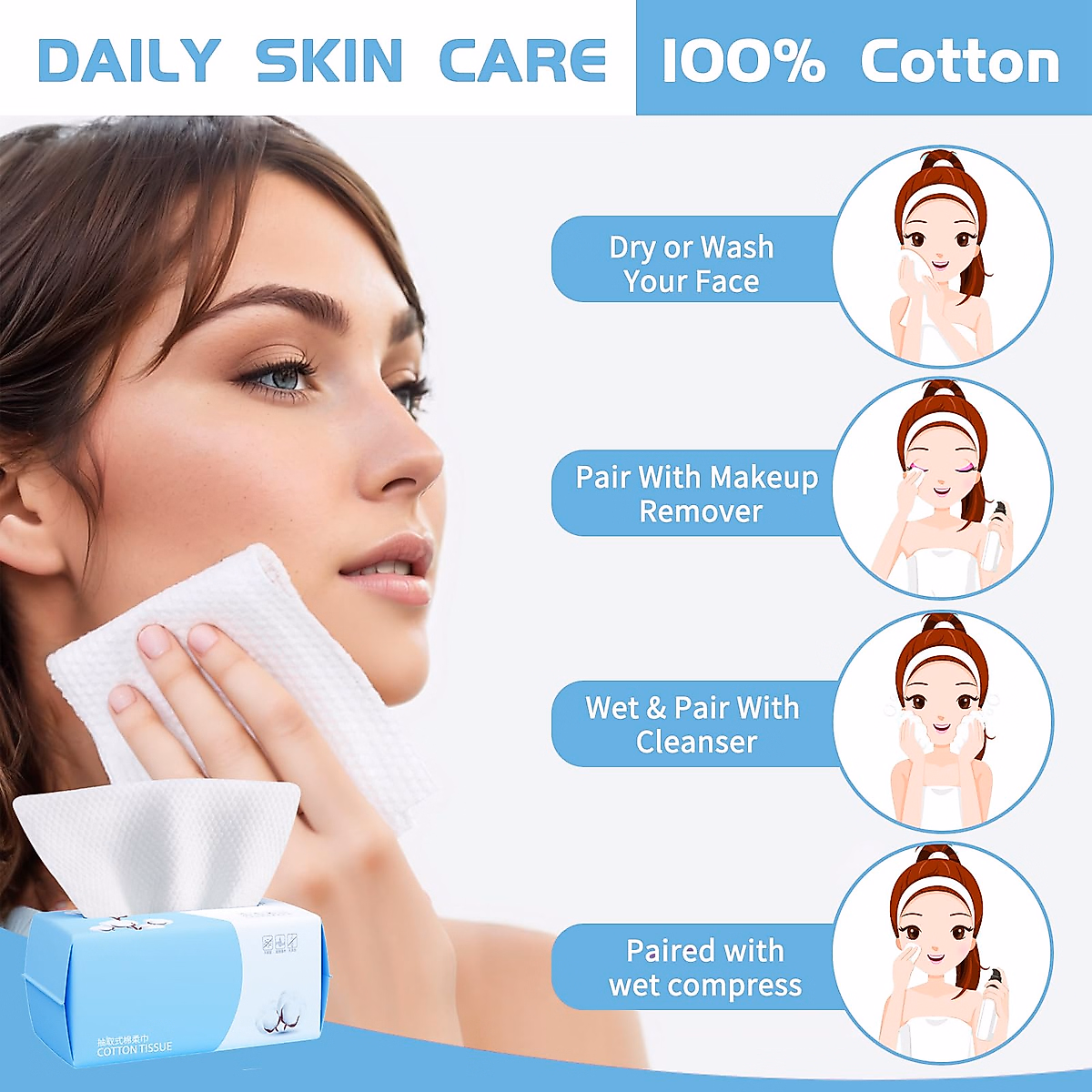 Cotton Facial Dry Wipes 100 Count, Deeply Cleansing Disposable Face Towel Wash Cloth, Multi-Purpose for Skin Care, Make-up Wipes, Face Wipes and Facial Cleansing