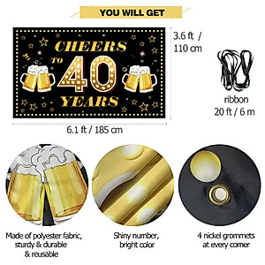 Happy 40th Birthday Decorations for Men Women, Cheers to 40 Years Banner Backdrop, 40th Anniversary, 40 year Reunion Decor, Black Gold Forty Birthday Party Sign Poster Supplies PHXEY (6.1ft x 3.6ft）