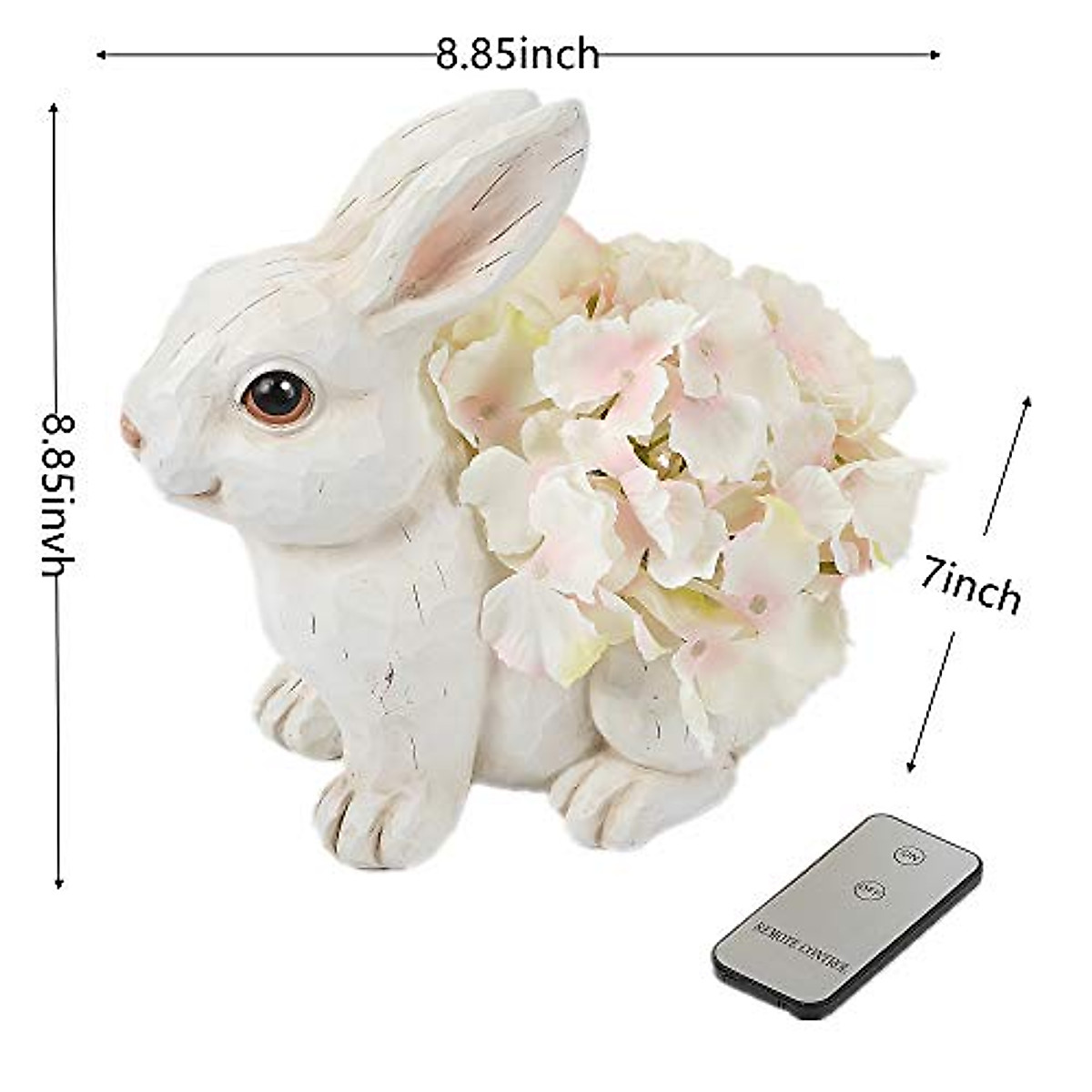 HDNICEZM Garden Statue Cute Rabbit Figurine with Flower Lights Warm White LED -Battery Powered Remote Control Rabbit Statue Night Light Home Garden for Backyard Pathway Patio