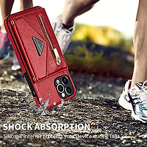 KUDEX Wallet Case for iPhone 13 Pro Max,Slim Fit Card Holder Case with Crossbody Strap Leather Magnetic Handbag Protective Folding Case Cover for Women Girl for iPhone 13 Pro Max 6.7" 2021(Red)