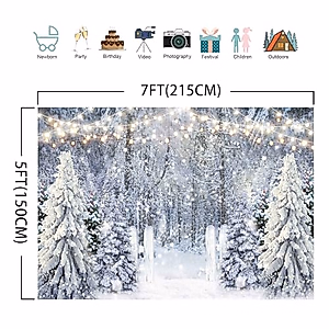 LIVUCEE 7x5ft Polyester Fabric Winter White Snowy Forest Backdrop for Photography Christmas Glitter Wonderland Nature Xmas Trees Pine Forest Holiday Party Decor Kids Family Photo Studio Prop