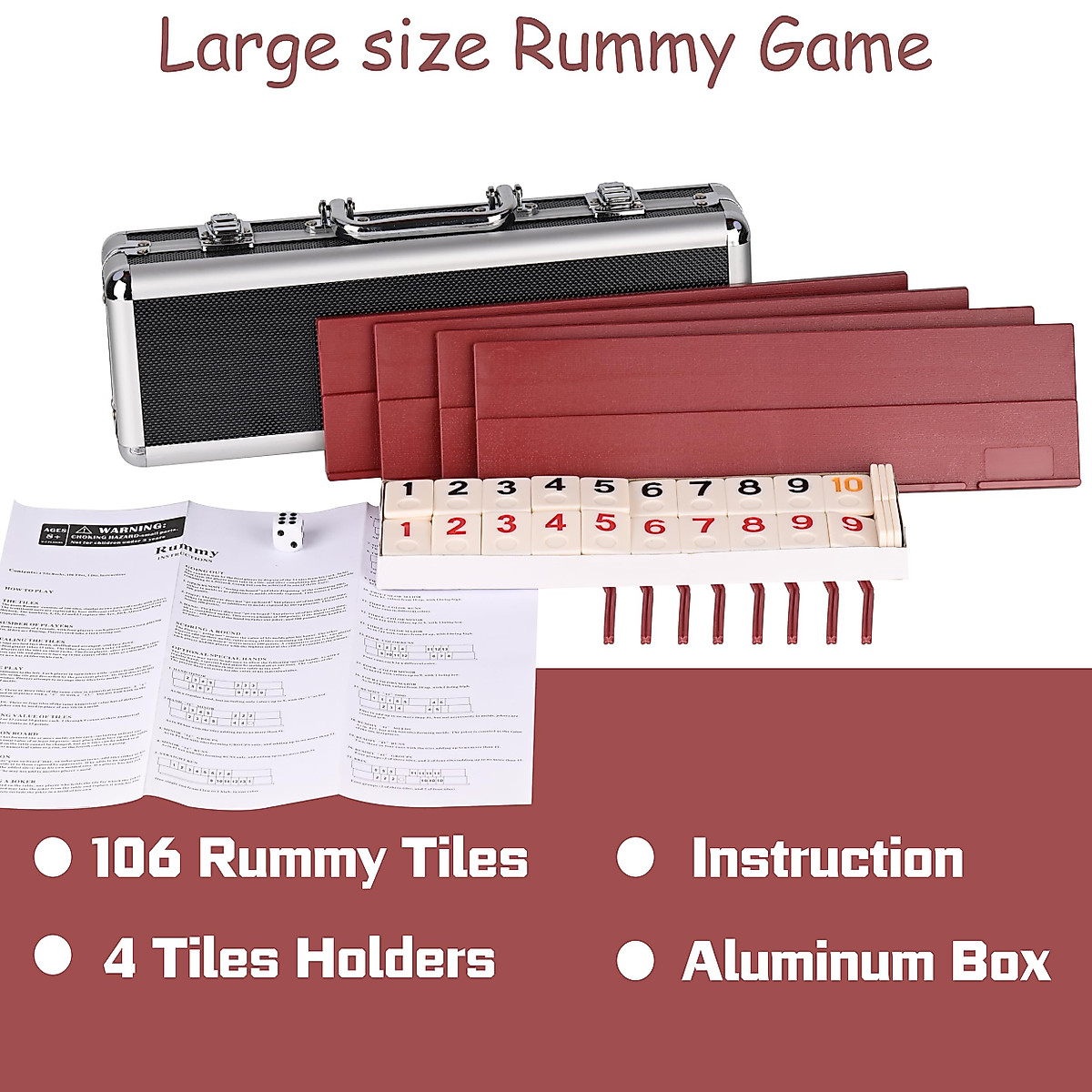 Doublefan Rummy 106 Tiles Large Rummy with 4 Sturdy Racks& Instructions Rummy Tiles with Aluminum Case Suit for 2-4 Players