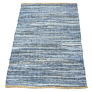 Chardin home Farmhouse Rag Rug 4x6 feet Denim Blue | Cotton & Jute Hand Woven Chindi Rug, Long Boho Rug | Perfect for Hallways, Kitchens, Bathroom, bedrooms | Shades of Blue