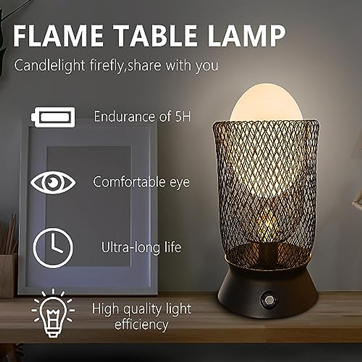 38°GARDEN LED Flame Table Lamp Battery Operated Rechargeable Ambience Lantern Metal Cage with Flickers Warm Light Touch Dimmable Bedside Lamp Cordless Nightlight Decor for Patio Porch Home Gift