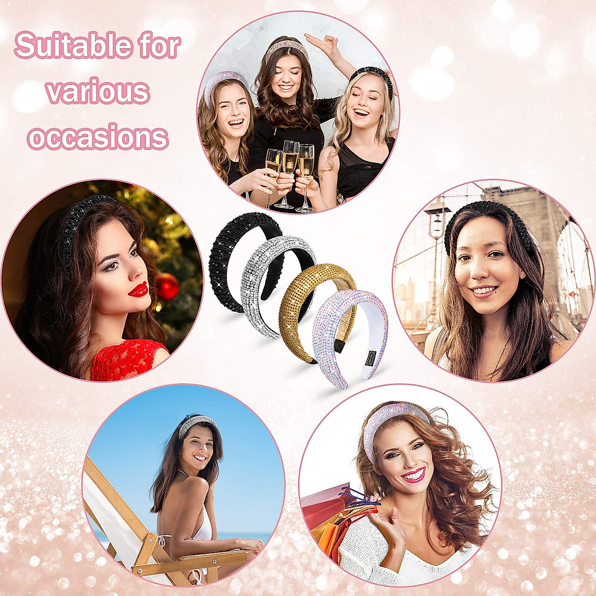 Chuangdi 4 Pieces Padded Rhinestone Headband Diamond Crystal Beaded Wide Headband Bejewelled Hairband Glitter Hair Accessories for Women Girls