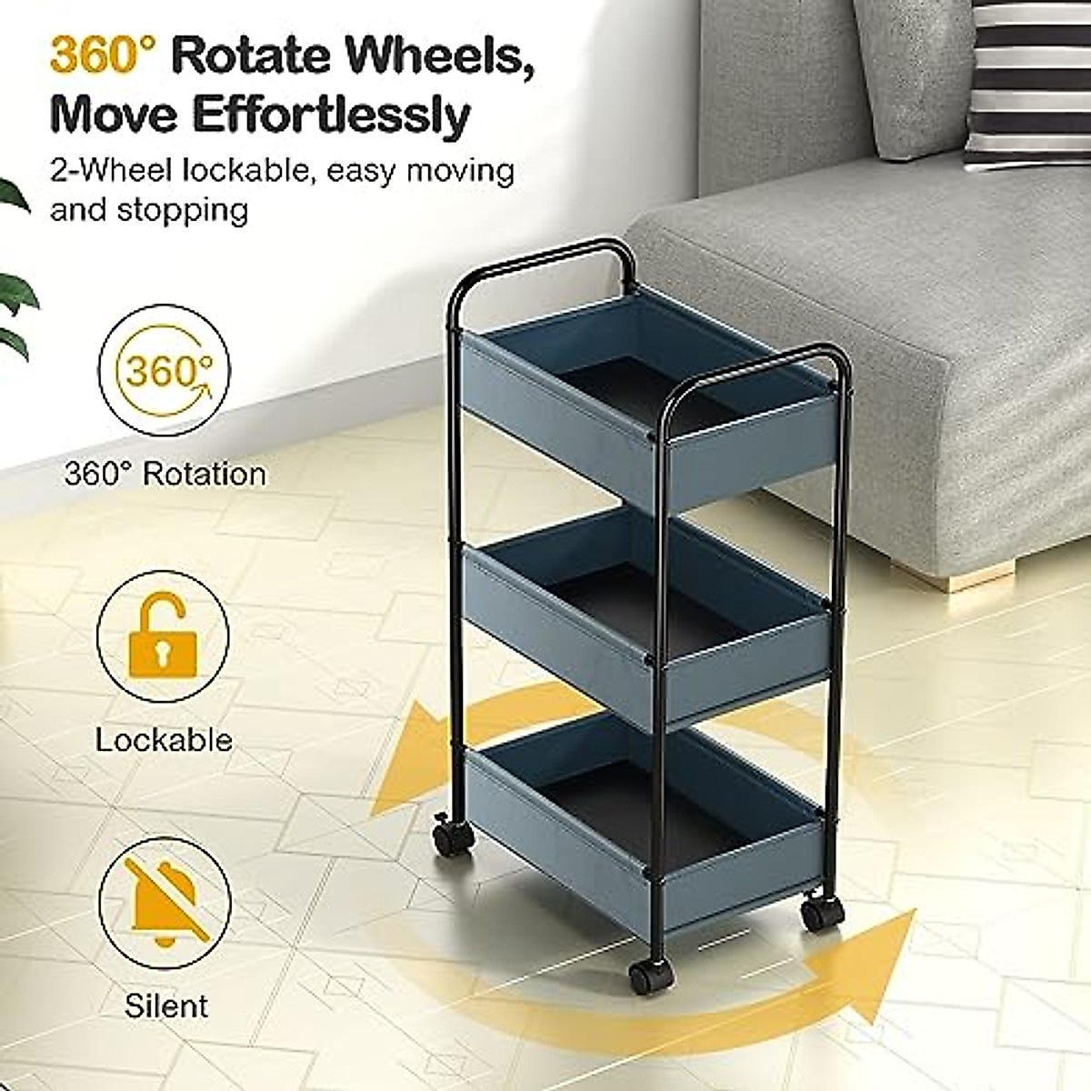YASONIC 3-Tier Rolling Cart, Easy Assembly, Move, Lightweight, Gray